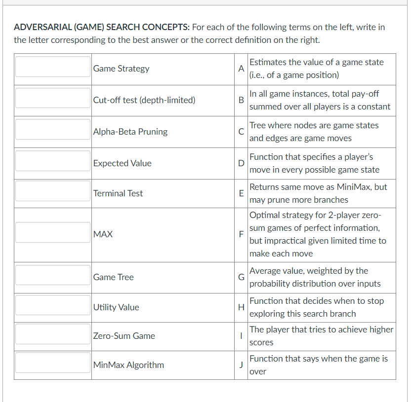 Solved ADVERSARIAL (GAME) SEARCH CONCEPTS: For each of the | Chegg.com