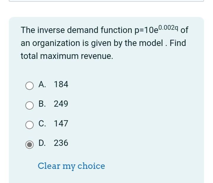 Solved The inverse demand function p=10e0.002q of an | Chegg.com
