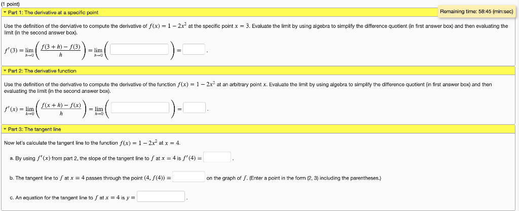 Solved (1 point) - Part 1: The derivative at a specific | Chegg.com