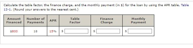 Calculate the table factor, the finance charge, and | Chegg.com