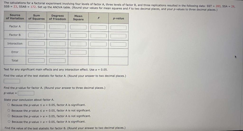 Solved The calculations for a factorial experiment involving | Chegg.com