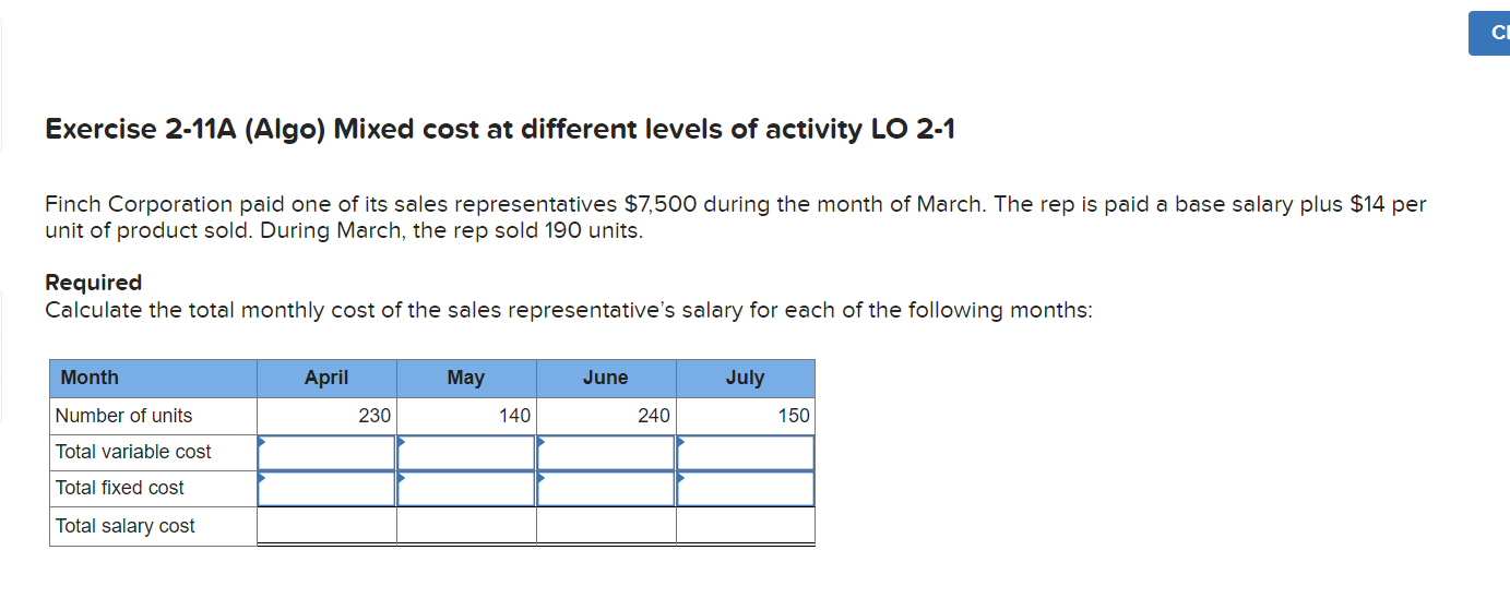 Solved CI Exercise 2-11A (Algo) Mixed cost at different | Chegg.com