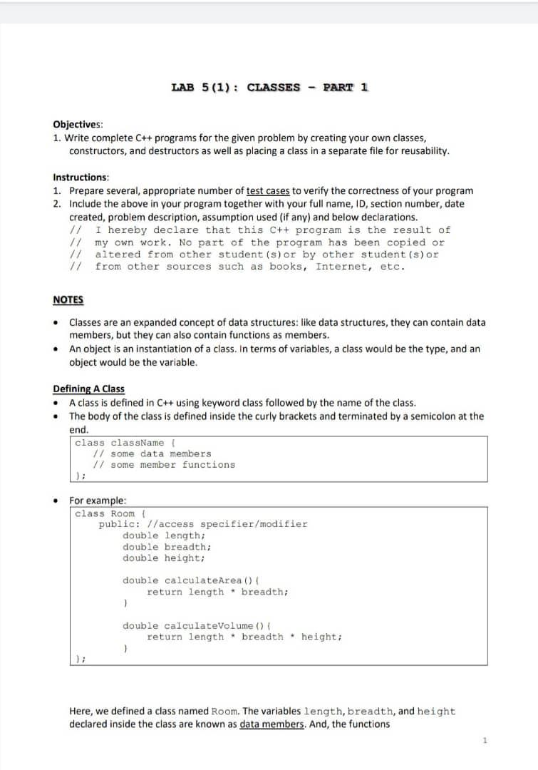Solved LAB 5 (1): CLASSES - PART 1 Objectives: 1. Write | Chegg.com
