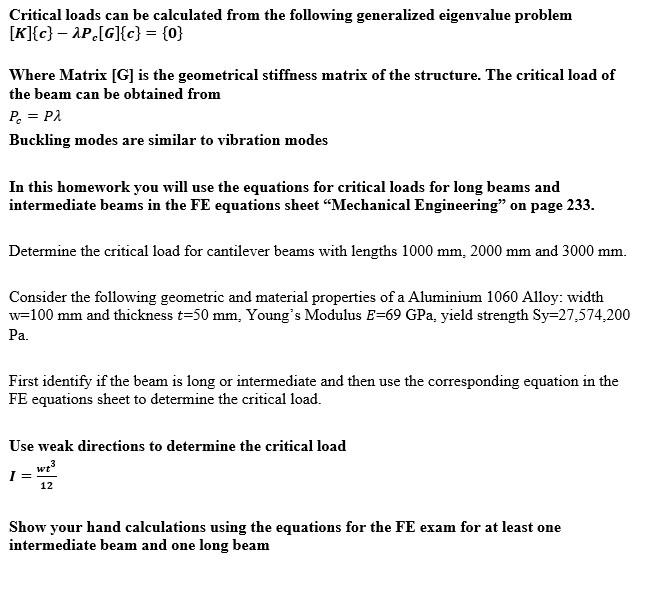 Solved Critical loads can be calculated from the following | Chegg.com