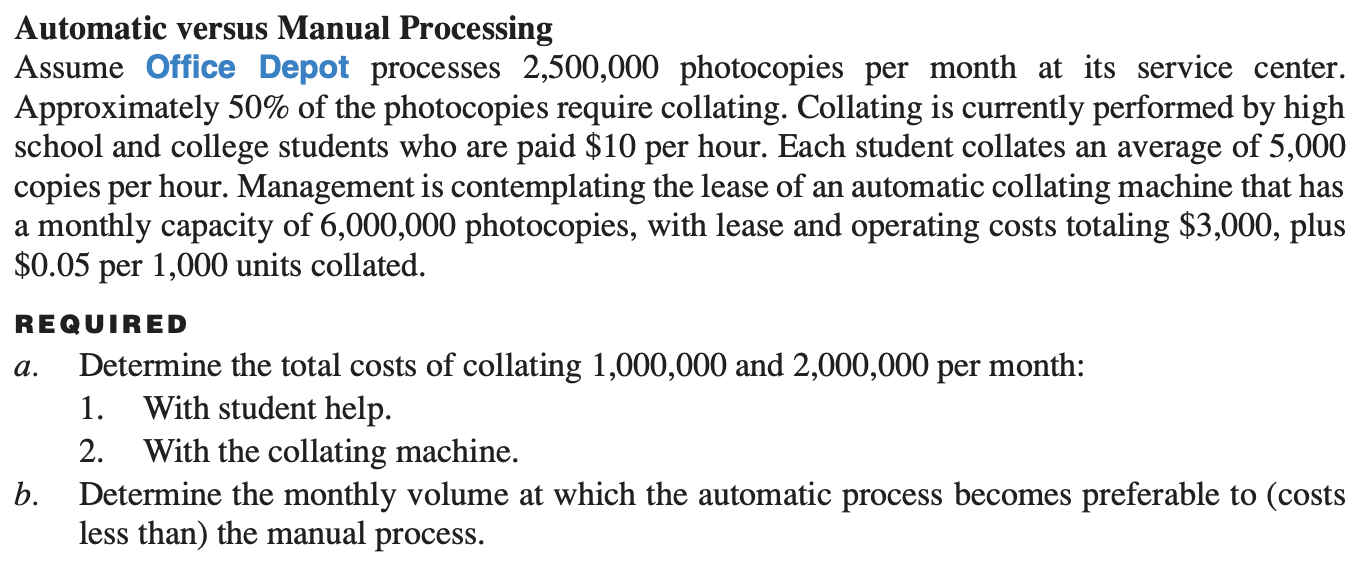 Solved Automatic Versus Manual Processing Assume Office Chegg