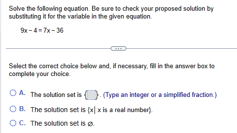 Solved Solve the following equation. Be sure to check your | Chegg.com