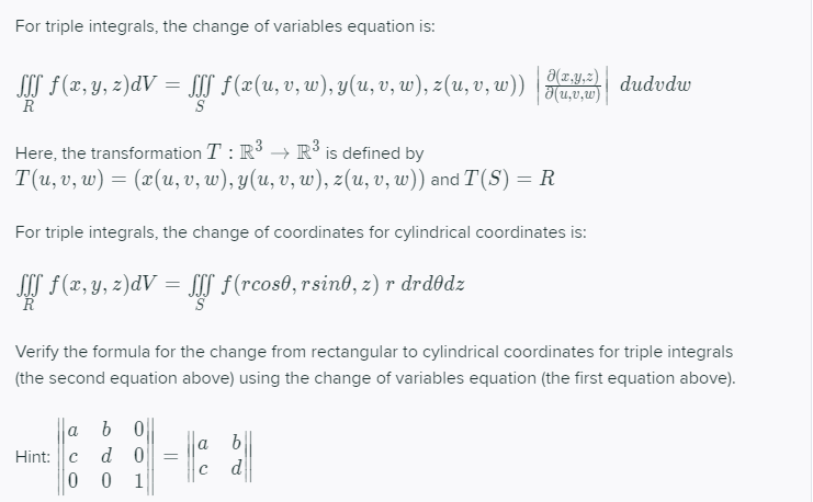 Solved For triple integrals, the change of variables | Chegg.com