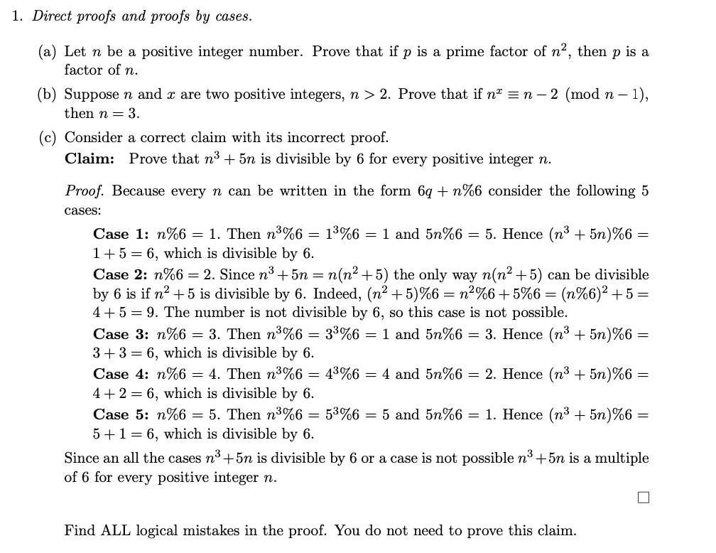 Solved 1. Direct proofs and proofs by cases. (a) Let n be a | Chegg.com