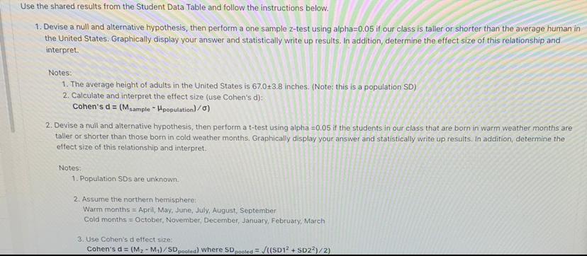 Solved Use the shared results from the Student Data Table | Chegg.com
