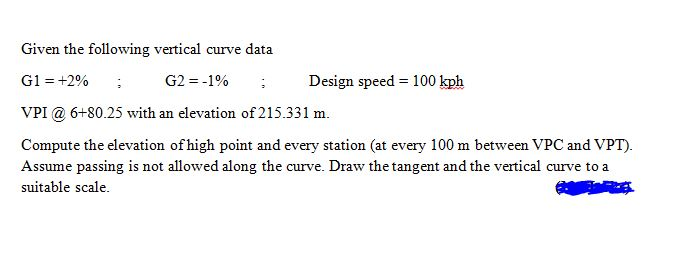 Solved Given the following vertical curve data G1 = +2% G2 | Chegg.com