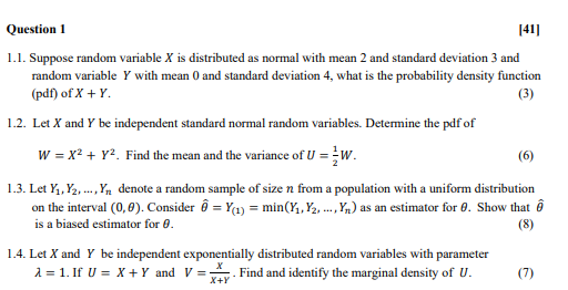 Solved Question 1 [41] 1.1. Suppose random variable X is | Chegg.com