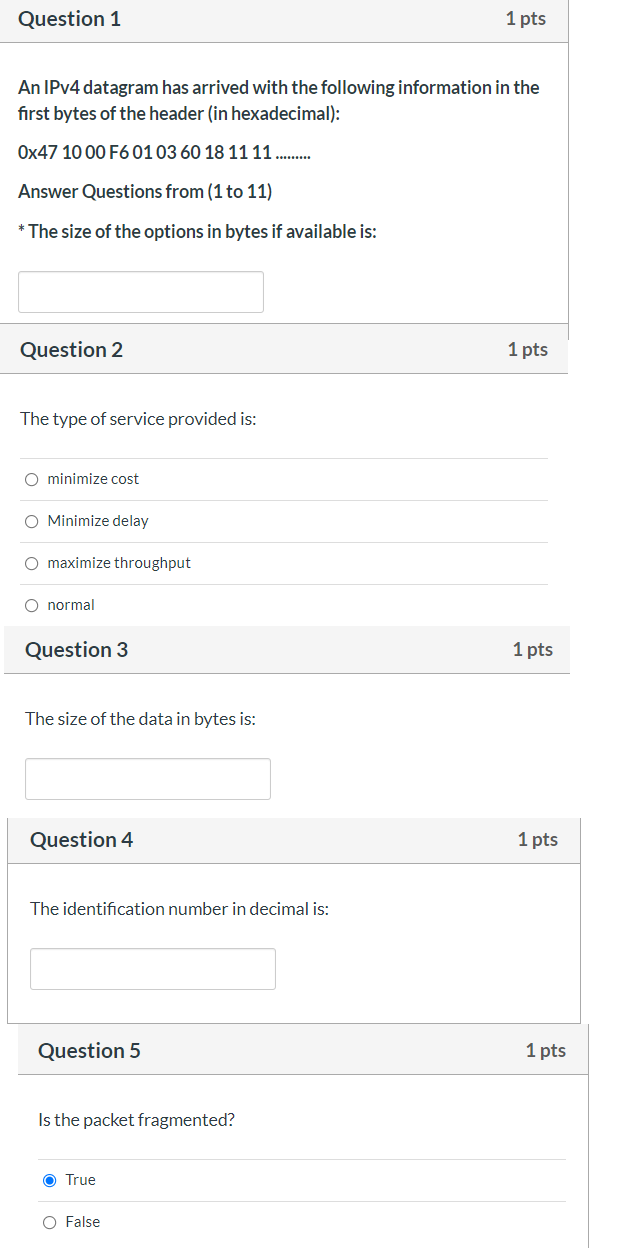 Solved Question 1 1 pts An IPv4 datagram has arrived with | Chegg.com