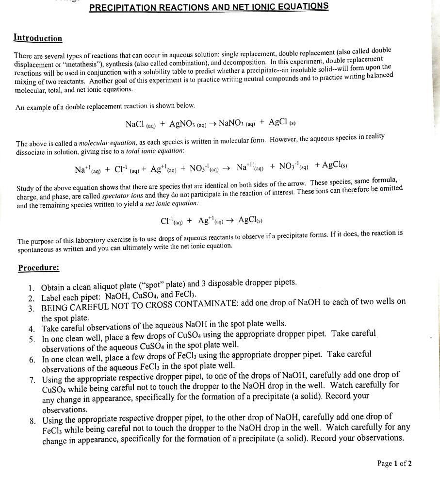 Solved PRECIPITATION REACTIONS AND NET IONIC EQUATIONS | Chegg.com