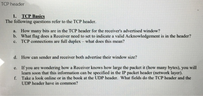Solved TCP header 1. TCP Basics The following questions | Chegg.com