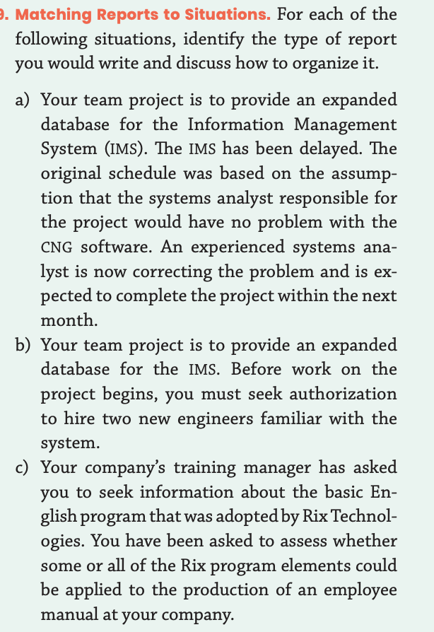Solved 3. Matching Reports to Situations. For each of the | Chegg.com