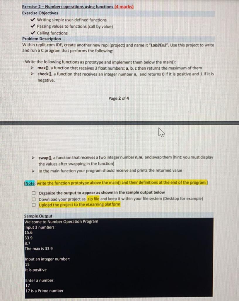Solved Exercise 2 - Numbers operations using functions (4 | Chegg.com