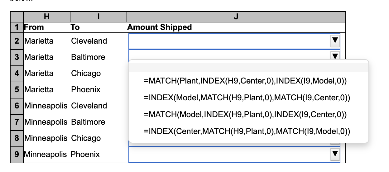 Solved Amount Shipped Use INDEX and MATCH functions to fill | Chegg.com