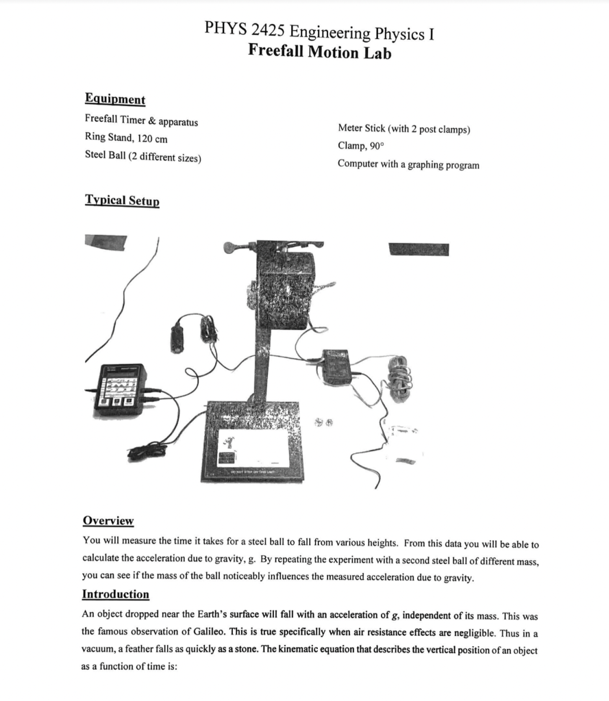 PHYS 2425 Engineering Physics I Freefall Motion Lab | Chegg.com