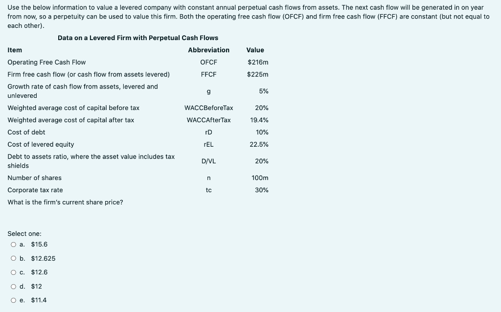 Solved Use the below information to value a levered company | Chegg.com