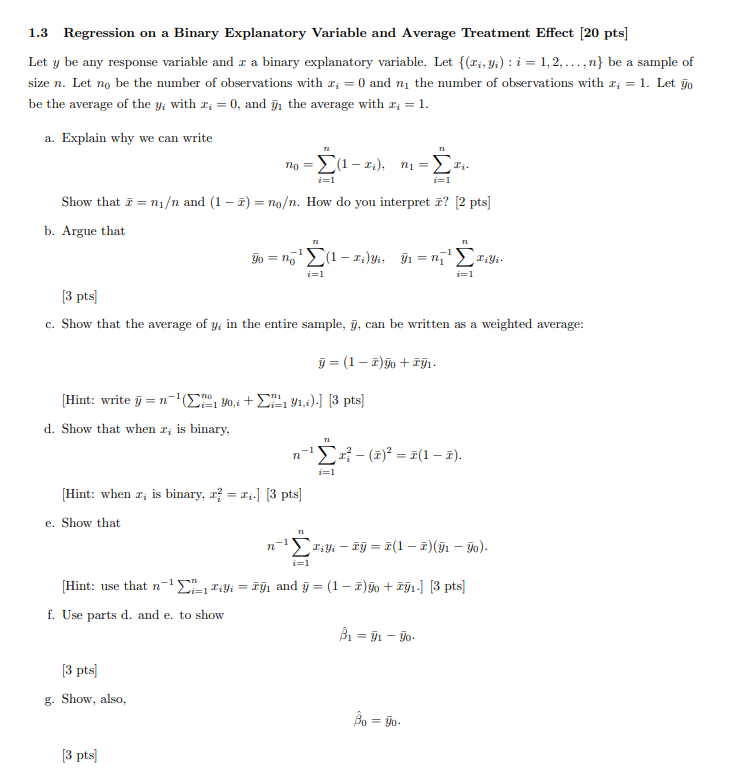 Solved 13 Regression On A Binary Explanatory Variable And 