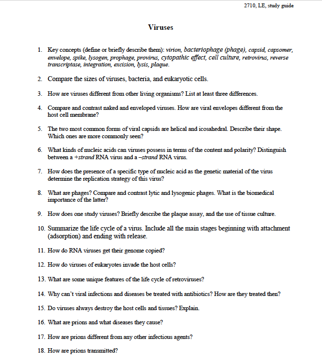 Solved 2710, LE, study guide Viruses 1. Key concepts (define | Chegg.com