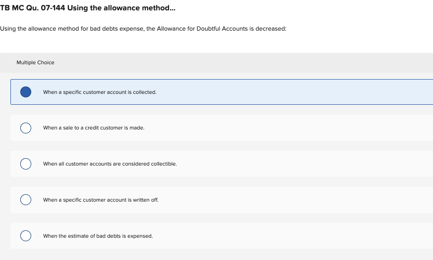 Solved TB MC Qu. 07-144 Using the allowance method... Using | Chegg.com Solved TB MC Qu. 07-144 Using the allowance method... Using | Chegg.com