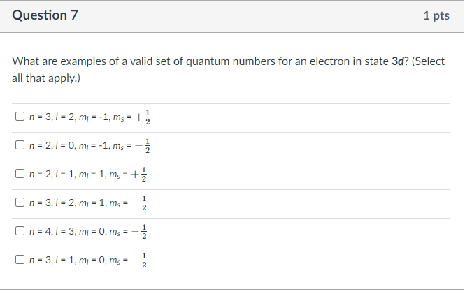 Solved Question 7 1 pts What are examples of a valid set of | Chegg.com