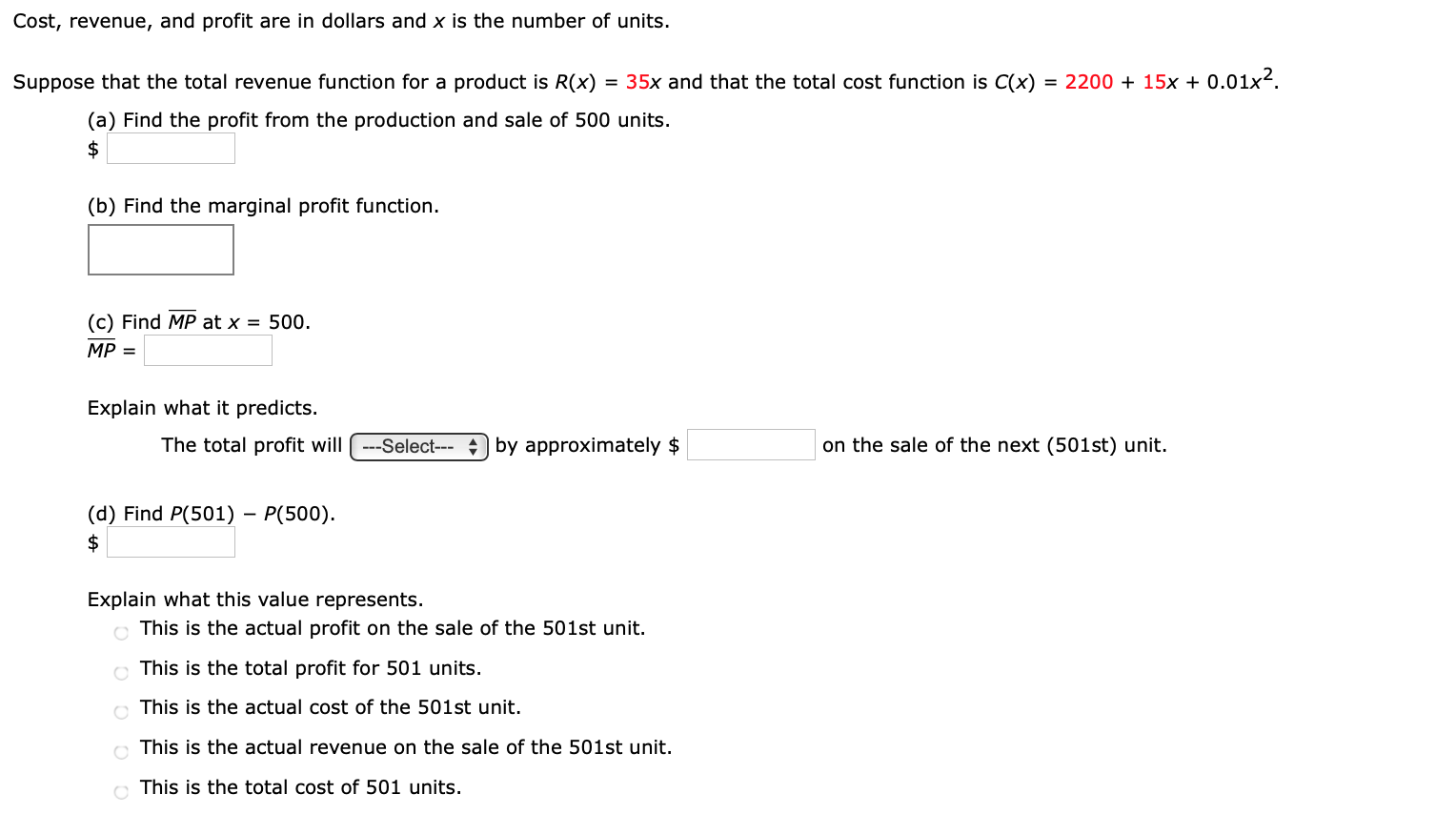 Solved Cost, revenue, and profit are in dollars and x is the | Chegg.com