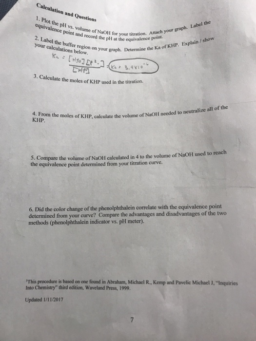 Calculation and Questions 1. Plot the plH vs. volume | Chegg.com