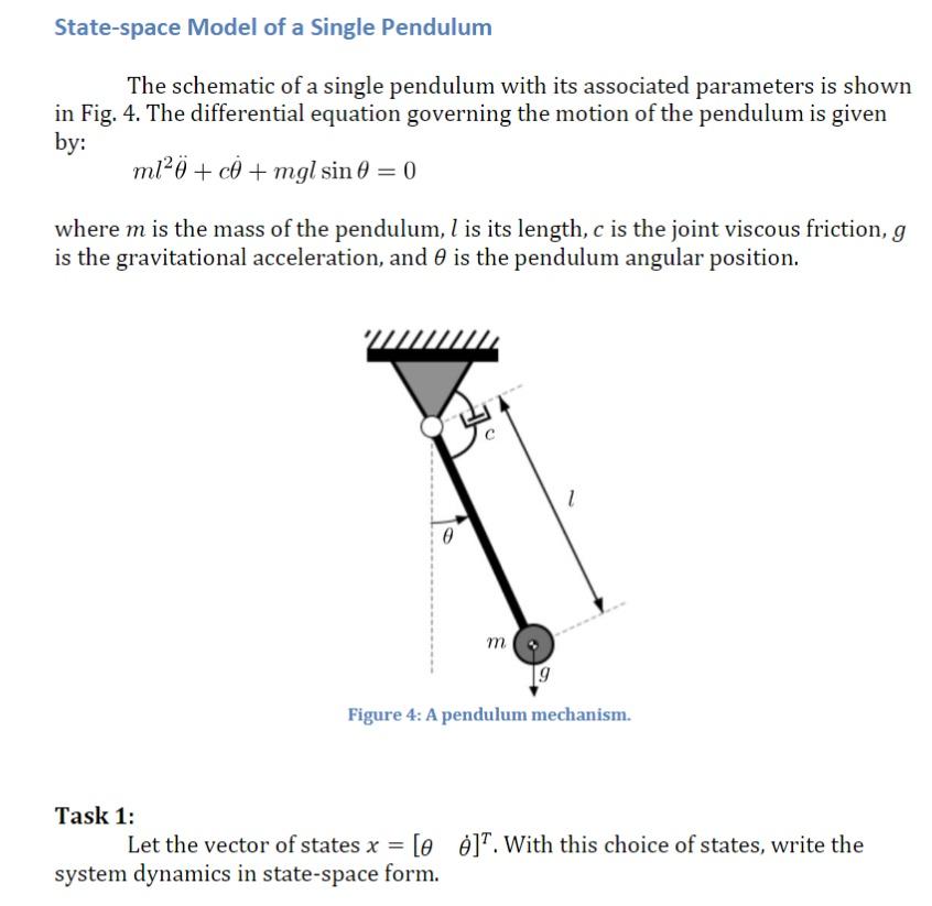 Solved State Space Model Of A Single Pendulum The Schematic