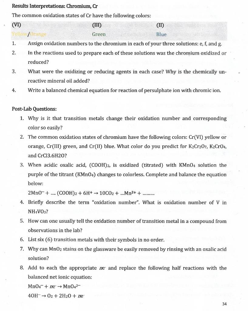 EXPERIMENT 8: OXIDATION STATES OF TRANSITION METALS | Chegg.com