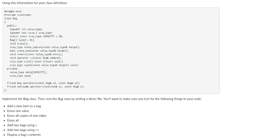 Solved Using this information for your class definition: | Chegg.com
