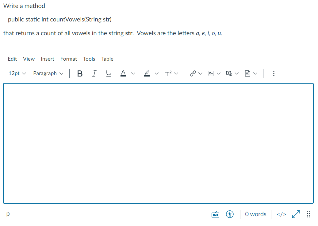Solved Write a method public static int countVowels(String | Chegg.com