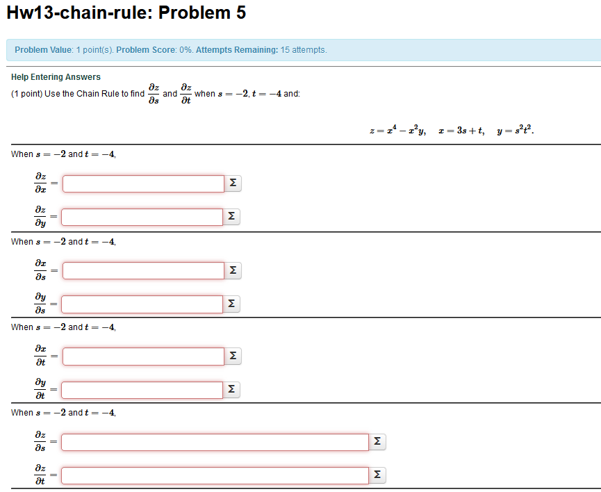 Solved Help Entering Answers (1 point) Use the Chain Rule to | Chegg.com