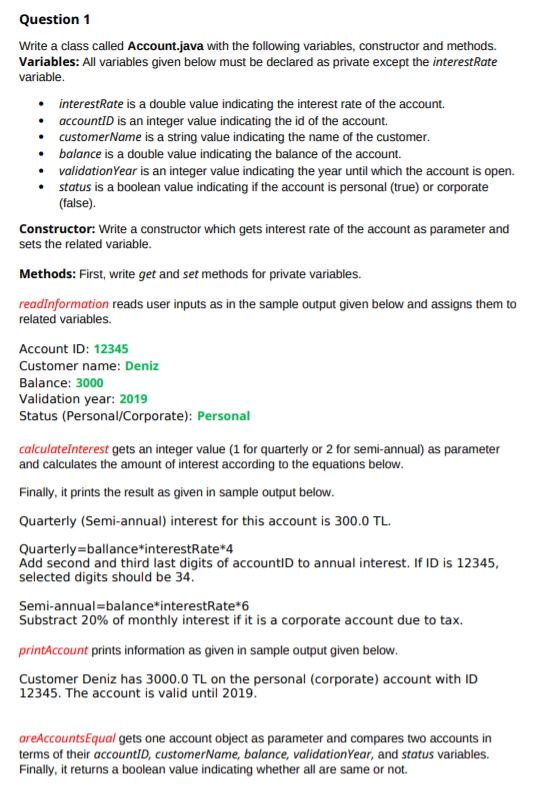 Solved Question 1 Write a class called Account.java with the | Chegg.com