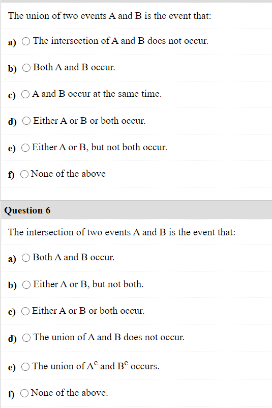 Solved The union of two events A and B is the event that: a) | Chegg.com