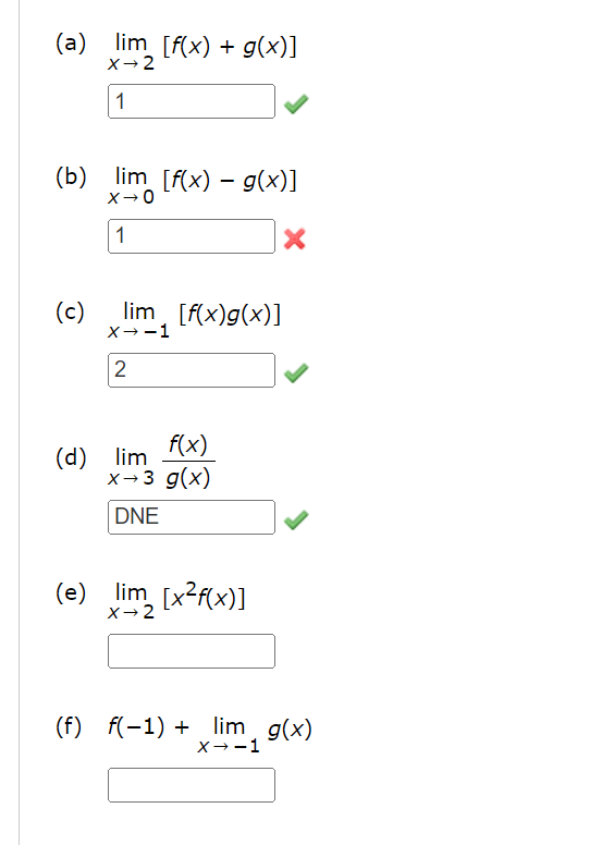 Solved limx→2[f(x)+g(x)] limx→0[f(x)−g(x)] limx→−1[f(x)g(x)] | Chegg.com