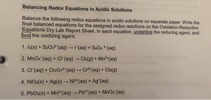 Solved Balancing Redox Equations in Acidic Solutions Balance | Chegg.com