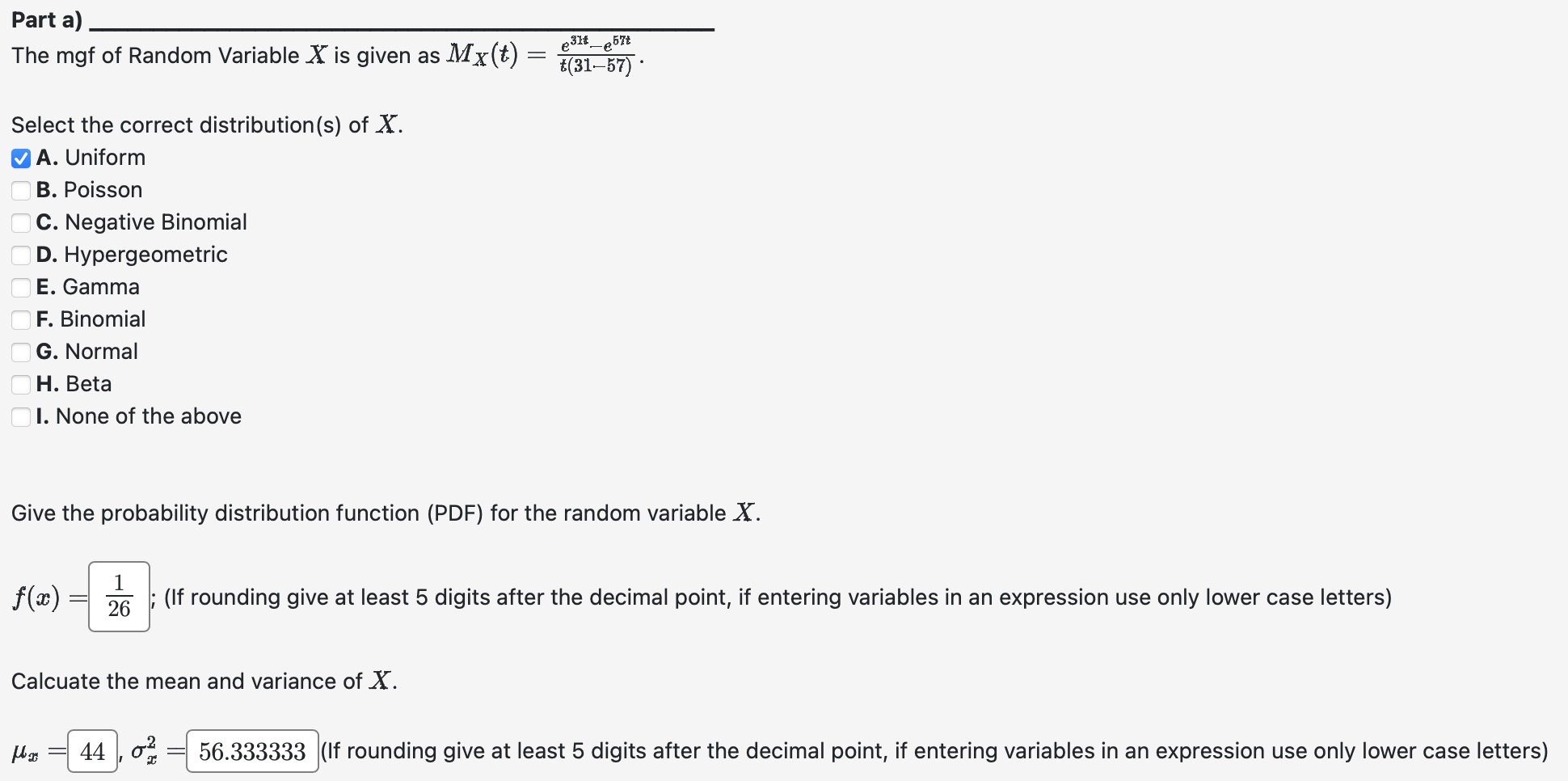 Solved Part Athe Mgf Of Random Variable X is Given As