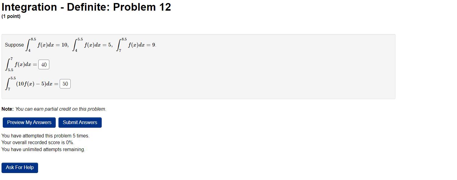 Solved Integration - Definite: Problem 12 (1 point) Suppose | Chegg.com