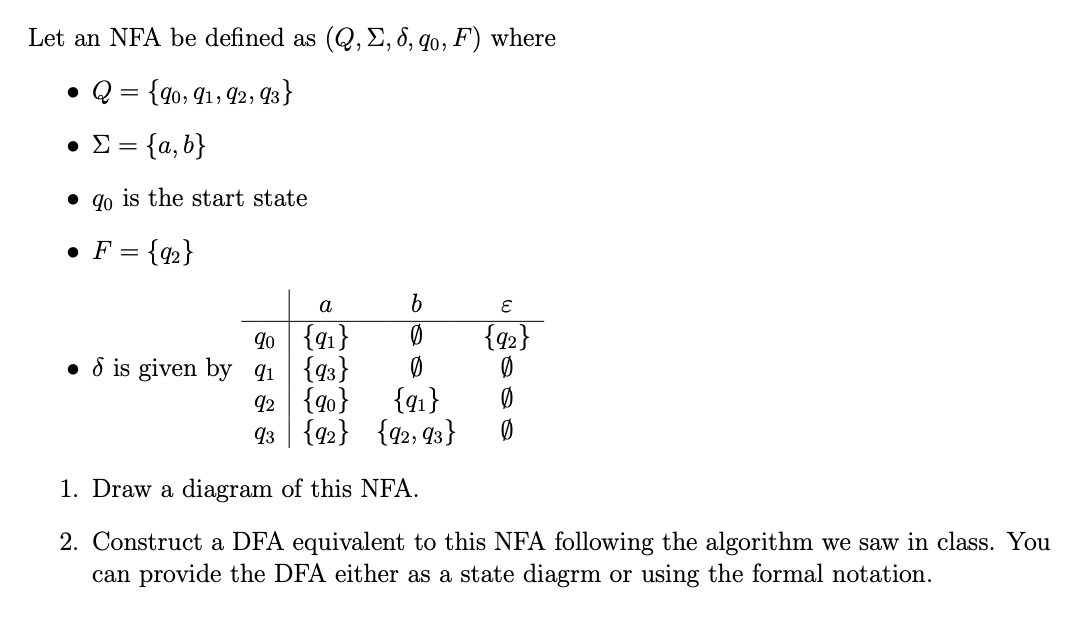 Solved Let an NFA be defined as (Q,Σ,δ,q0,F) | Chegg.com