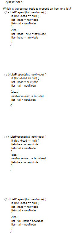 Solved QUESTION 5 Which is the correct code to prepend an | Chegg.com
