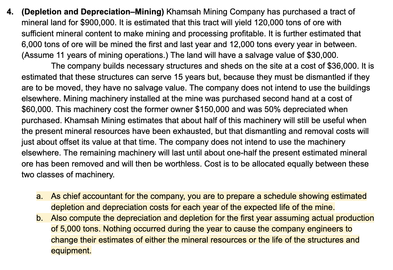 Solved (Depletion and Depreciation-Mining) Khamsah Mining | Chegg.com