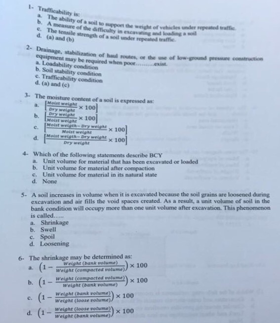 Solved 1- Trafficability is: a The ability of a soil to | Chegg.com