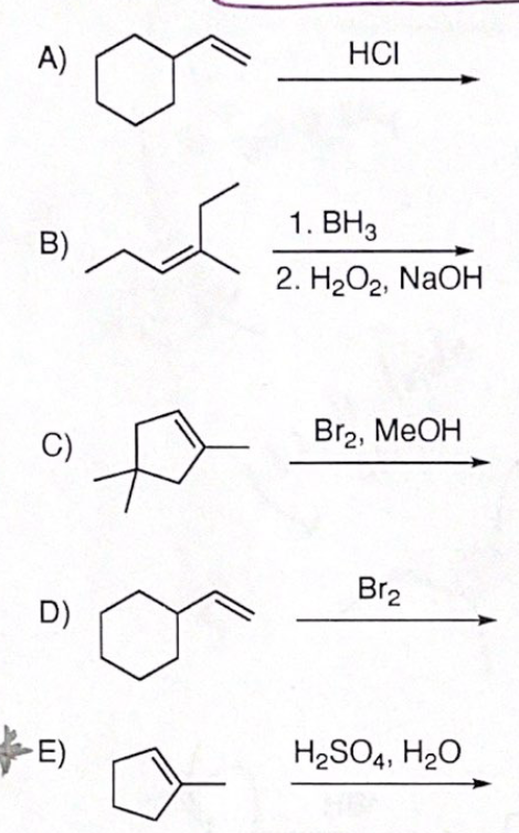 Solved A) HCI 1. BH3 B) 2. H2O2, NaOH C C) Br2, MeOH Brz D) | Chegg.com