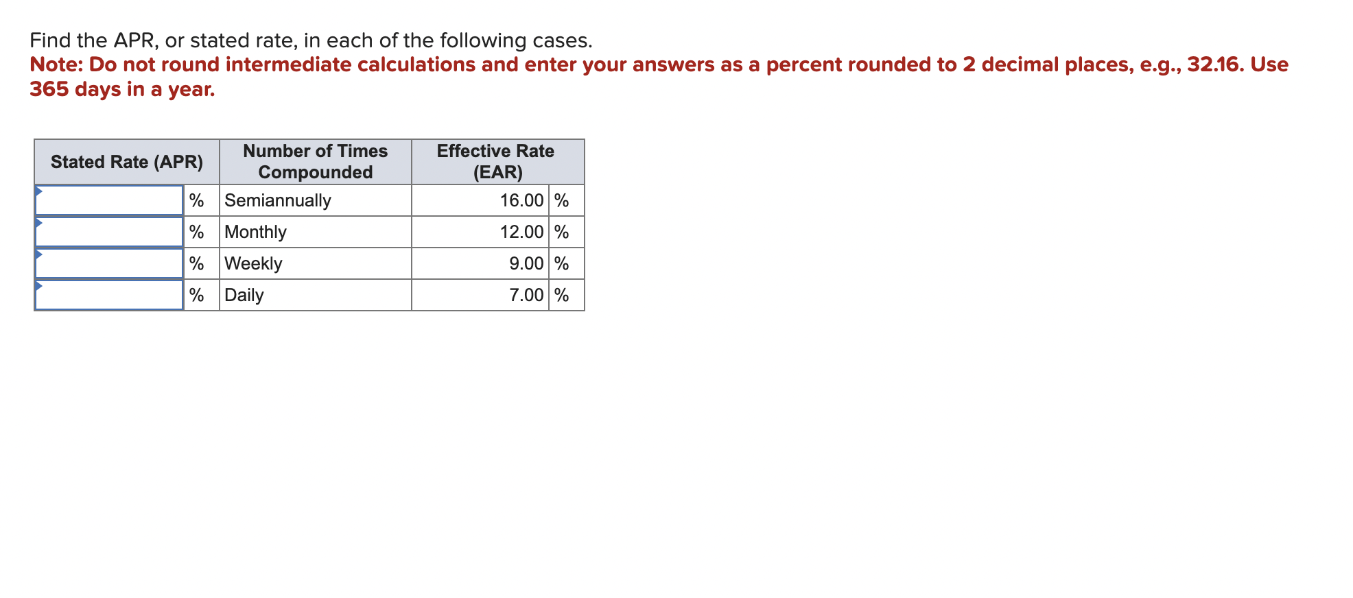 Solved Find the APR, or stated rate, in each of the | Chegg.com
