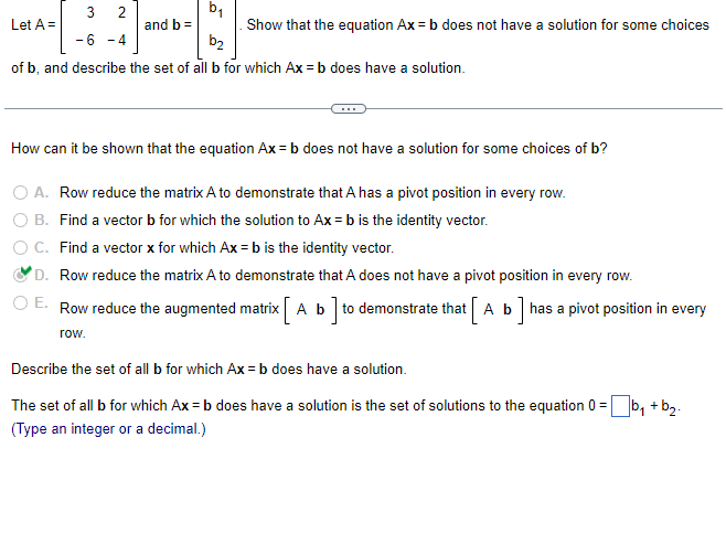 Solved Let A=[3−62−4] and b=[b1b2]. Show that the equation | Chegg.com