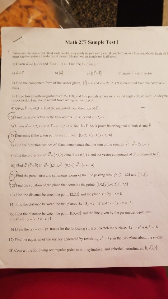 Solved Math 277 Sample Test I Instructions for extra credit: | Chegg.com