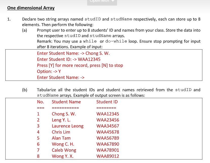Solved One dimensional Array 1. Declare two string arrays | Chegg.com