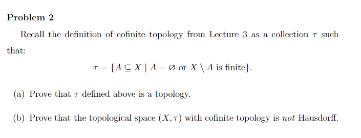 Solved Problem 2 Recall the definition of cofinite topology | Chegg.com